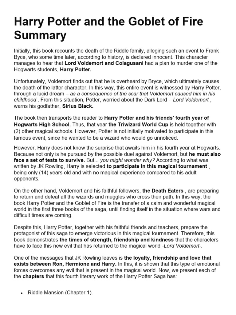 Summary of Harry Potter and The Goblet of Fire | PDF | Harry Potter ...
