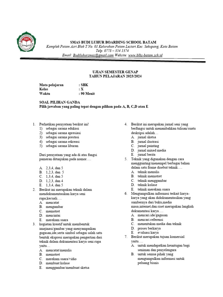 Soal Ujian Semester Genap X SBK 2023 2024 | PDF