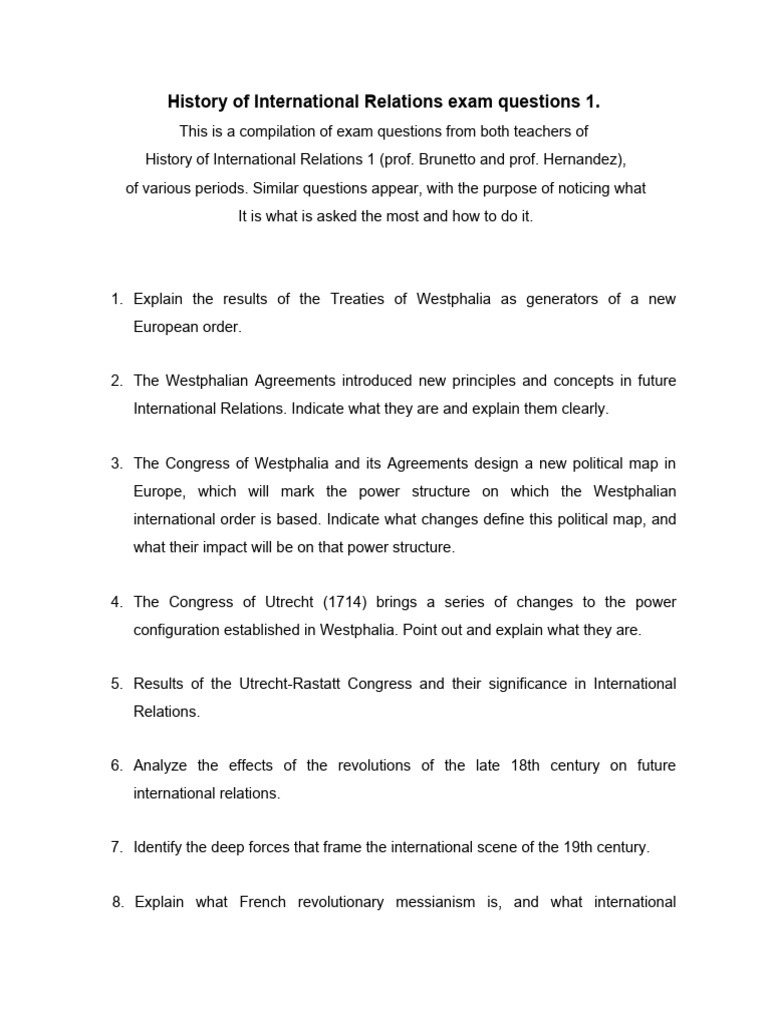 52 Possible Questions For The History of International Relations Exam ...
