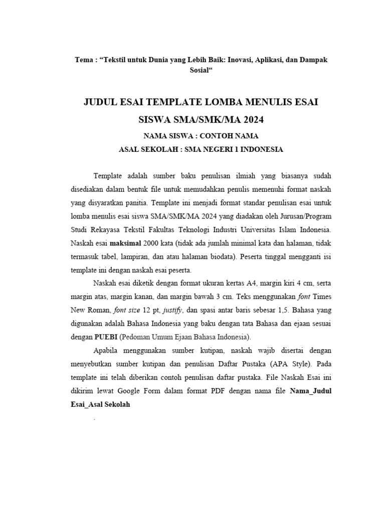 Template Esai Untuk Lomba Esai Nasional Siswa Sma SMK Ma 2024 Uii | PDF