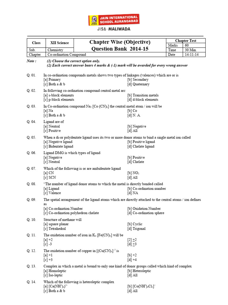 9 - Co-Ordination Compound - 12 Science Chem OBJ QB | PDF | Coordination Complex | Ligand