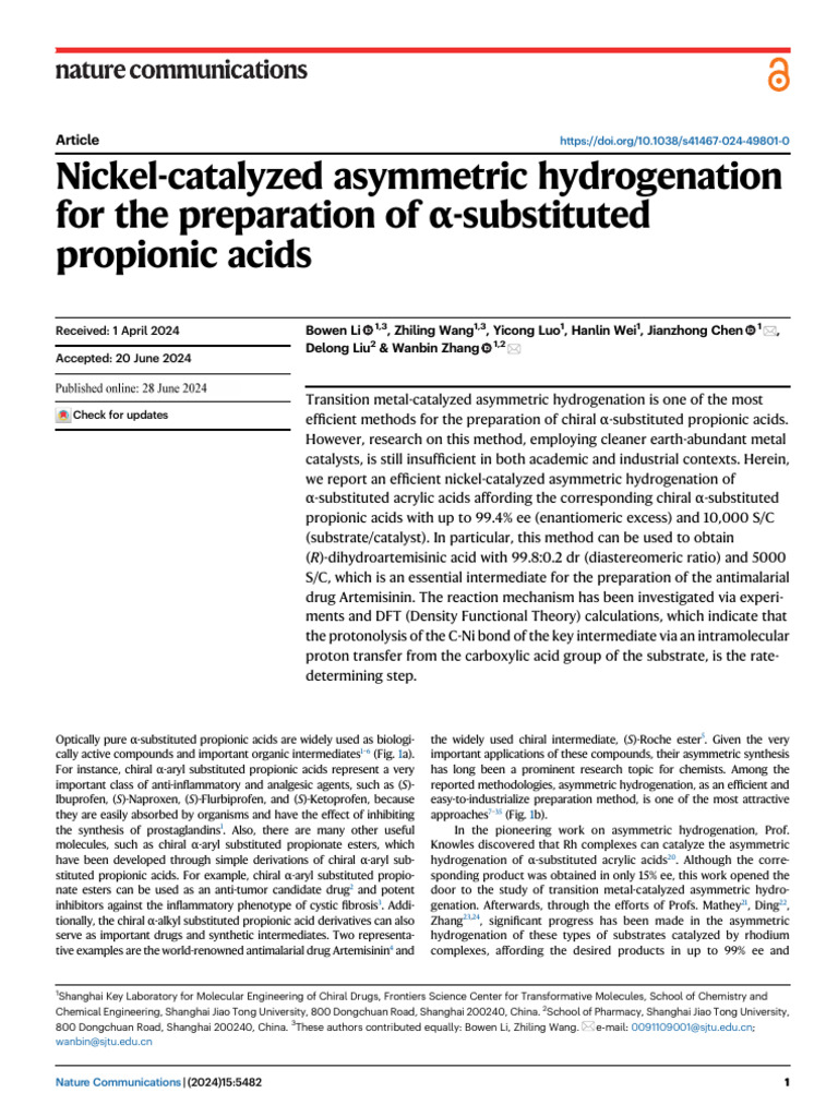 Li 等 - 2024 - Nickel-catalyzed Asymmetric Hydrogenation for the | PDF | Enantioselective ...