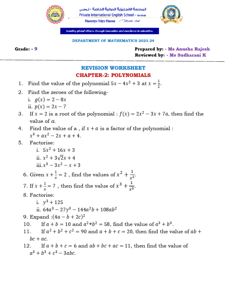 Hye Revision Worksheet - 2 (Polynomials) | PDF