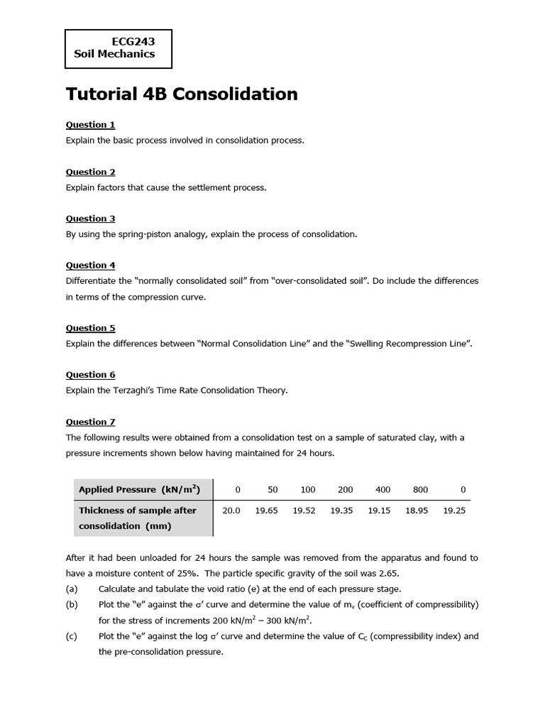Tutorial ECG243 4B Consolidation | PDF | Geotechnical Engineering | Soil Mechanics