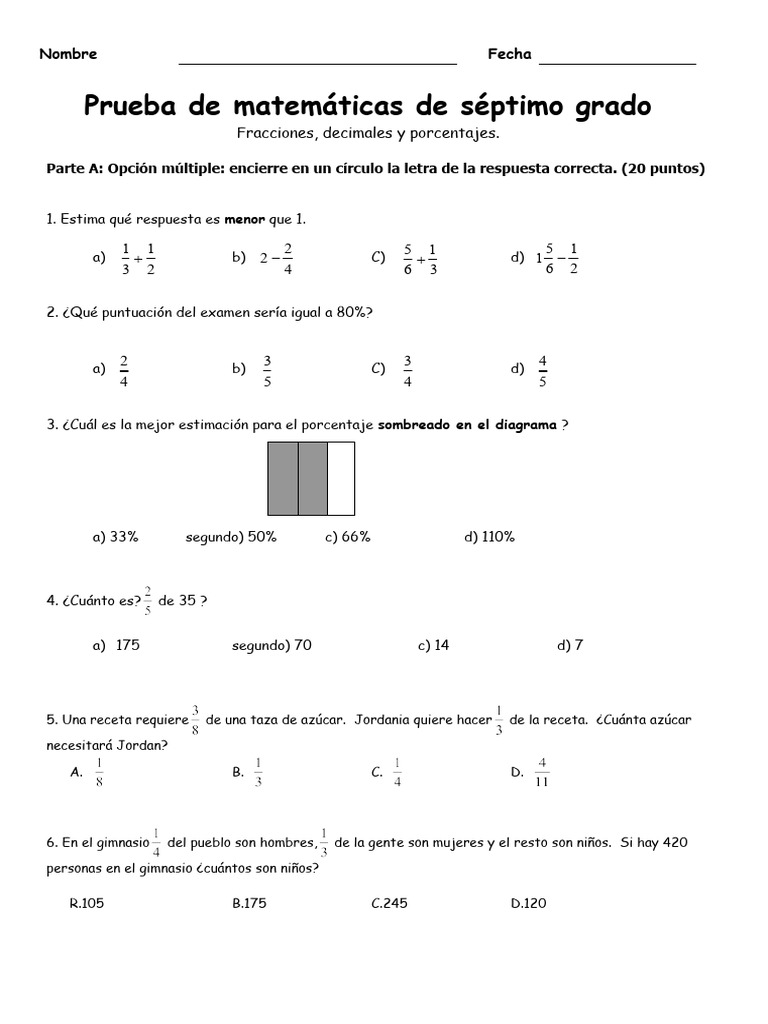 Prueba de Matemáticas de Séptimo Grado: Fracciones, Decimales y ...