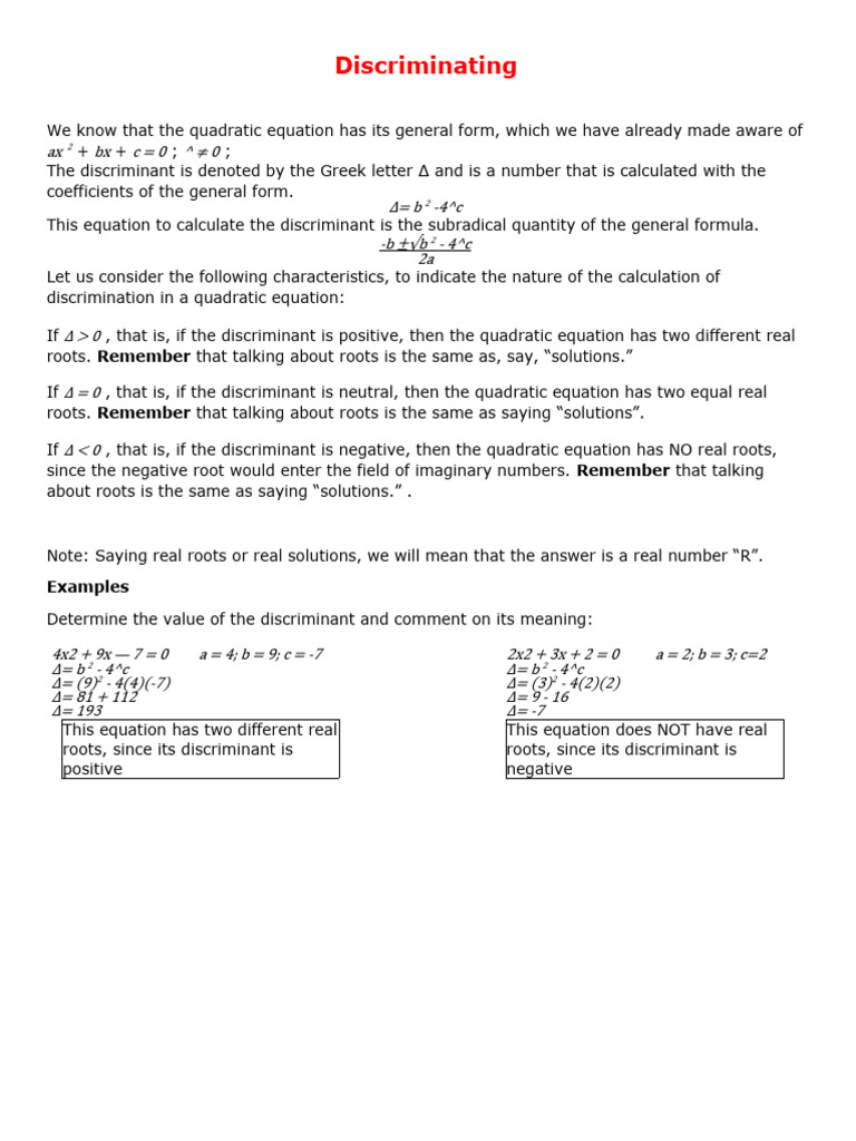 Discriminate and Root Properties | PDF | Quadratic Equation | Equations