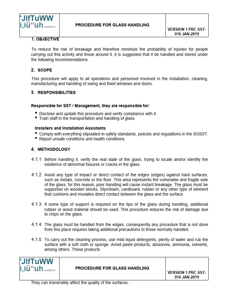 PRC-SST-016 Procedure For Handling Glass. | PDF | Safety | Glasses