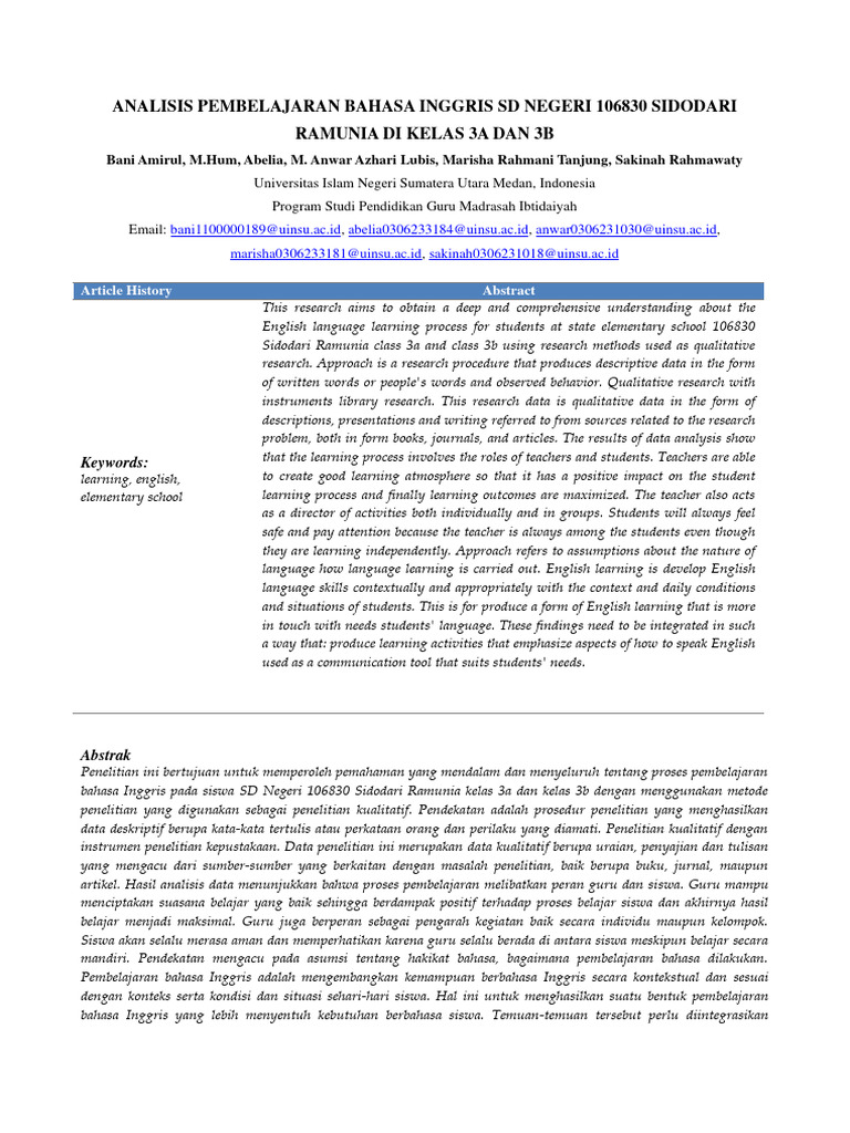 Jurnal ANALISIS PEMBELAJARAN BAHASA INGGRIS SD NEGERI 106830 SIDODARI ...