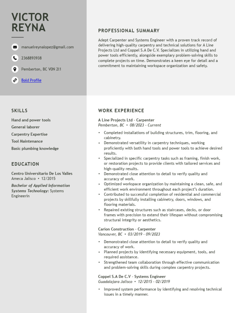 Victor Reyna Resume | PDF | Carpentry | Engineering