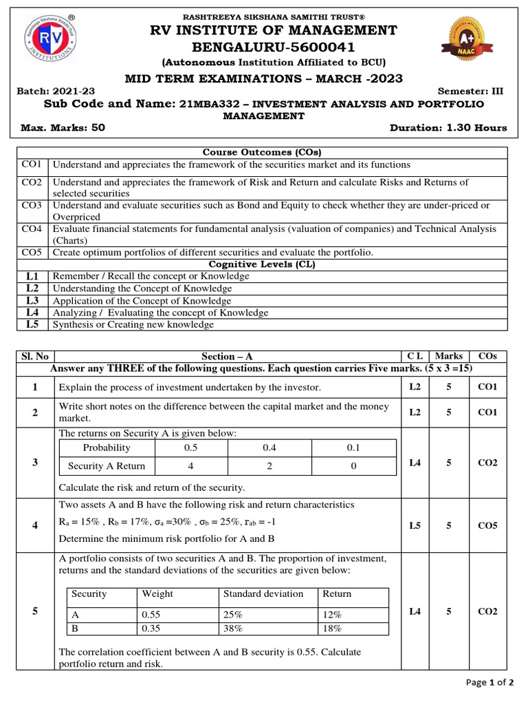21MBA332-Investment Analysis & Portfolio Management | PDF | Beta ... 21MBA332-Investment Analysis & Portfolio Management | PDF | Beta ...