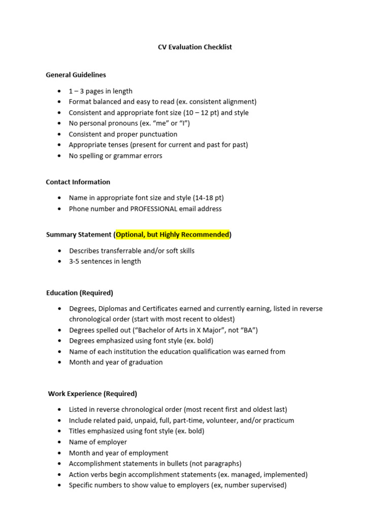 CV Guide Checklist 2024 | PDF