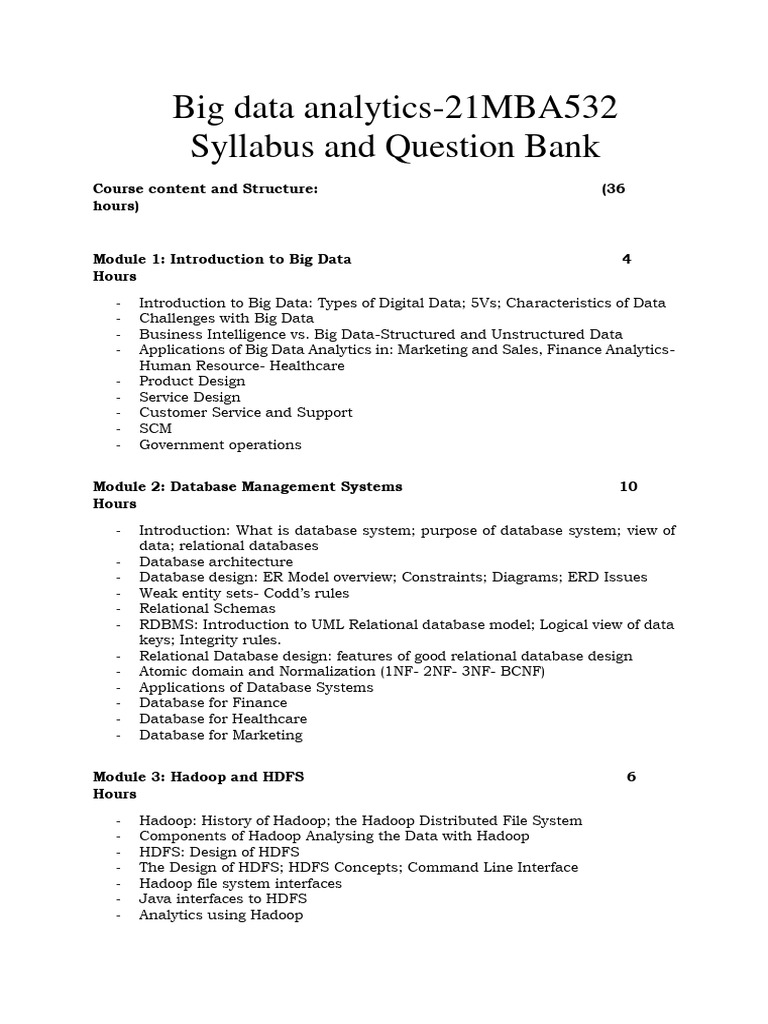 Big Data Analytics - Question Bank, Module1,2 and 3 | PDF | Relational Database | Databases