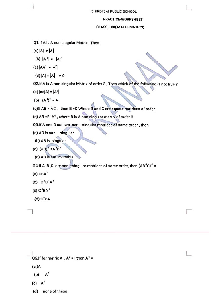 Xii - Mathematics Worksheet | PDF