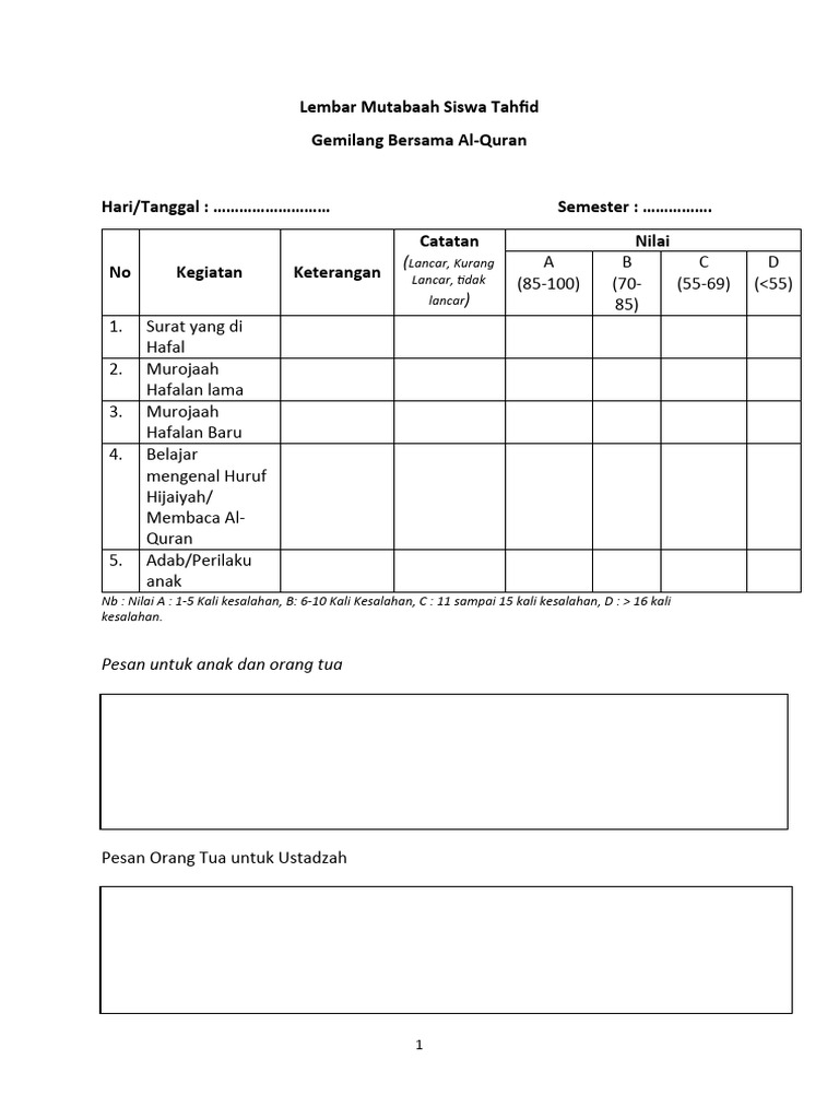 Lembar Mutabaah Siswa Tahfid Al-Quran | PDF