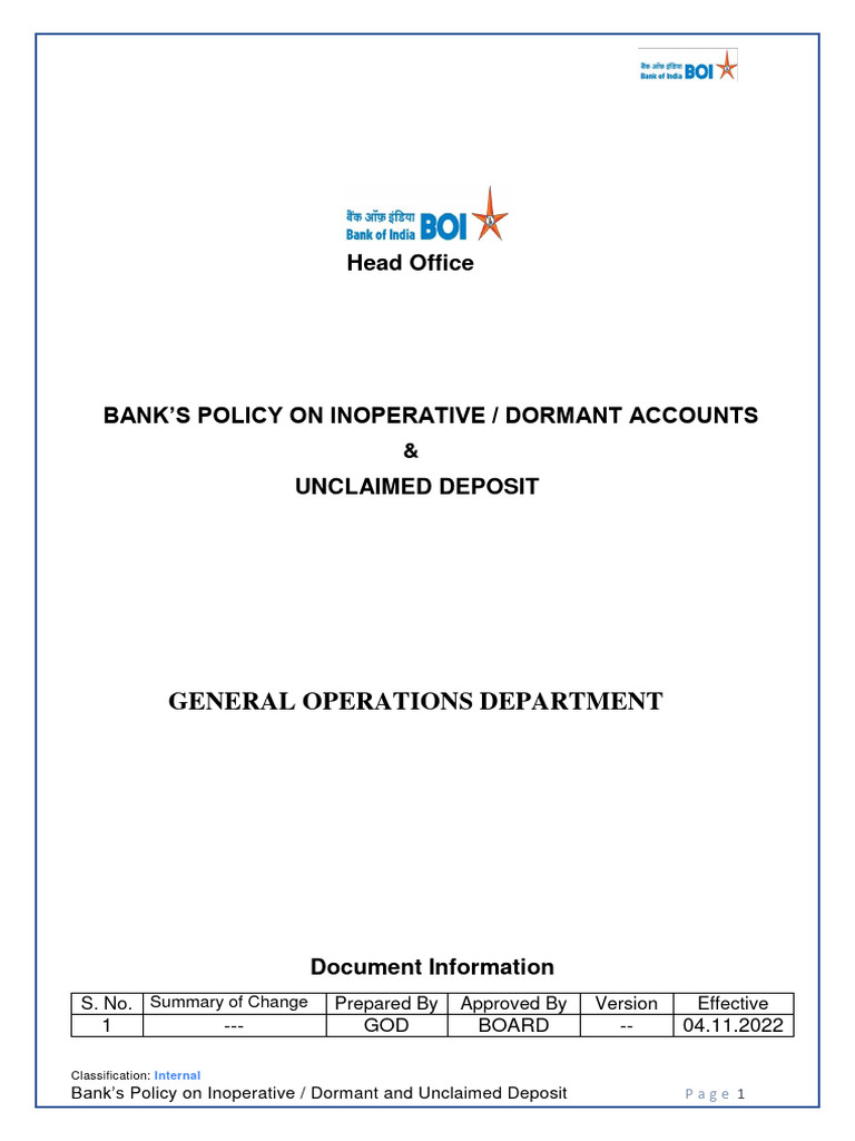 Bank's Policy On Inoperative - Dormant & Unclaimed Deposit | PDF ...