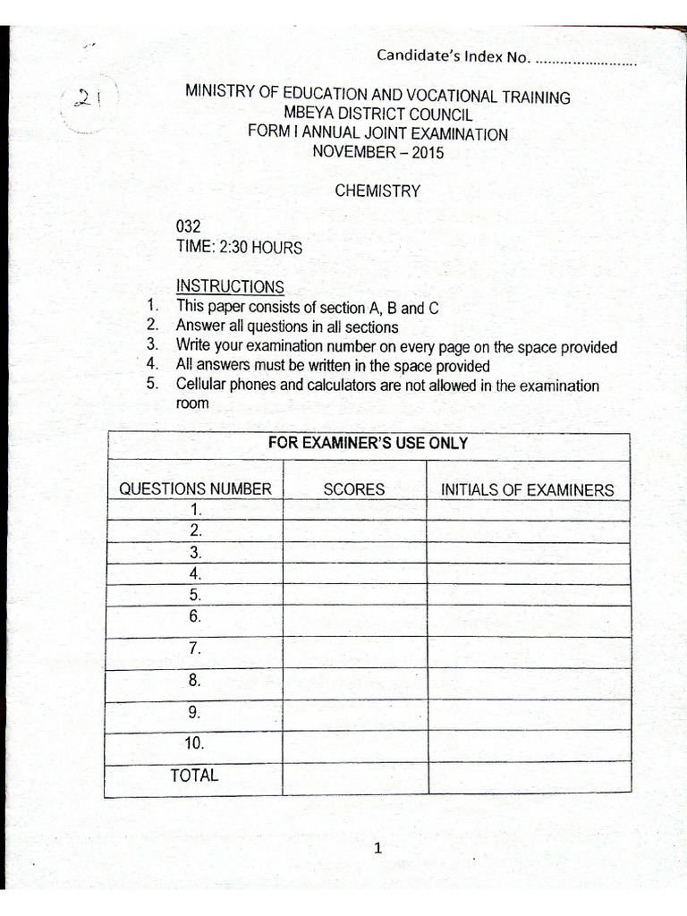 Chemistry F1 Joint Mbeya Dc. | PDF