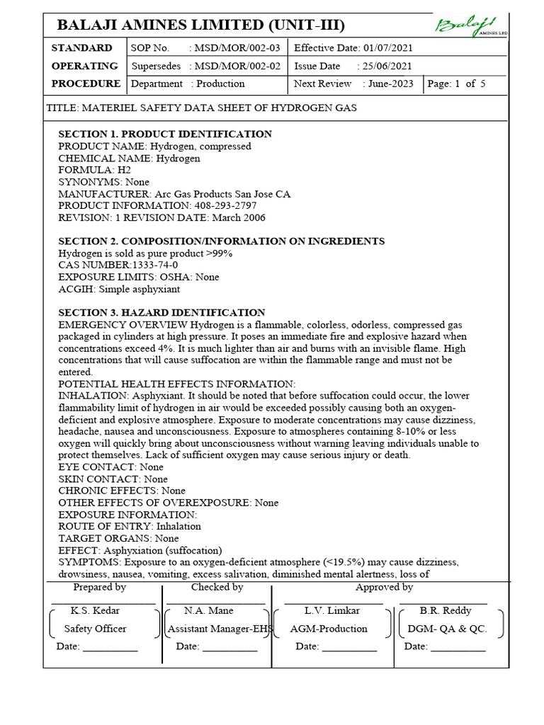 MSDS Hydrogen | Download Free PDF | Safety | Occupational Safety And Health
