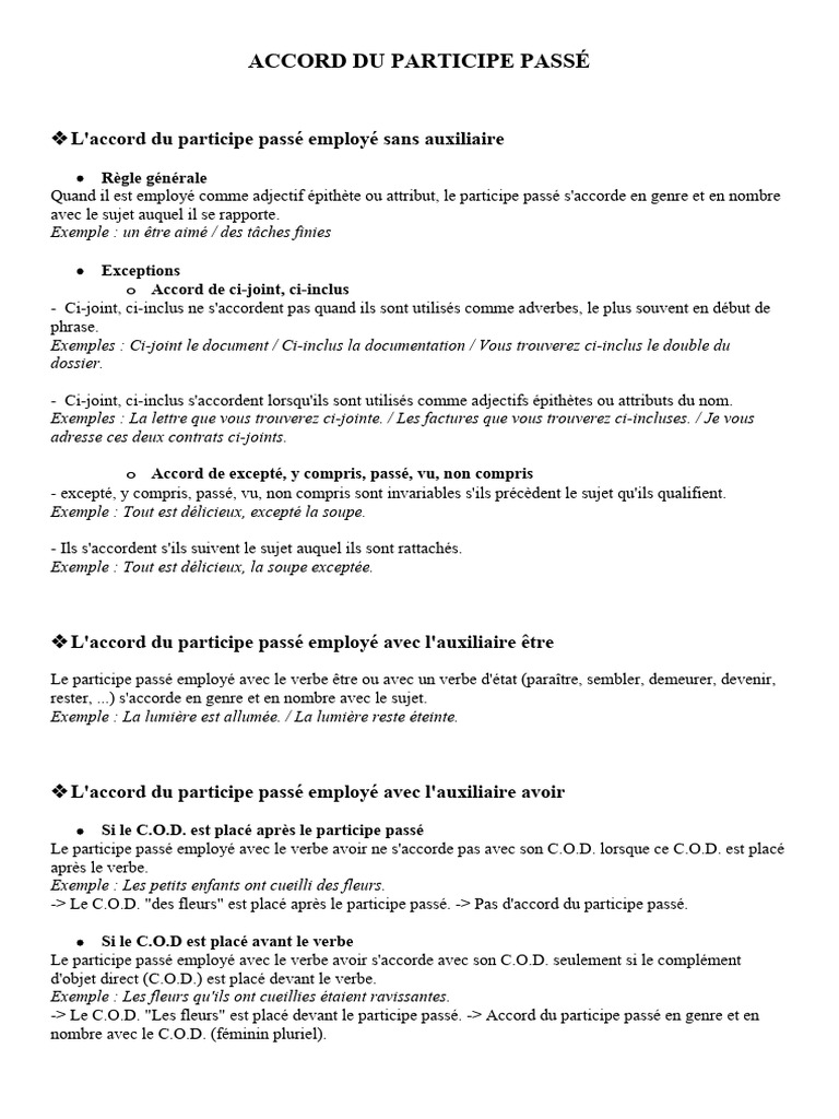 L - Accord Du Participe Passé | PDF | Sujet (Grammaire) | Verbe