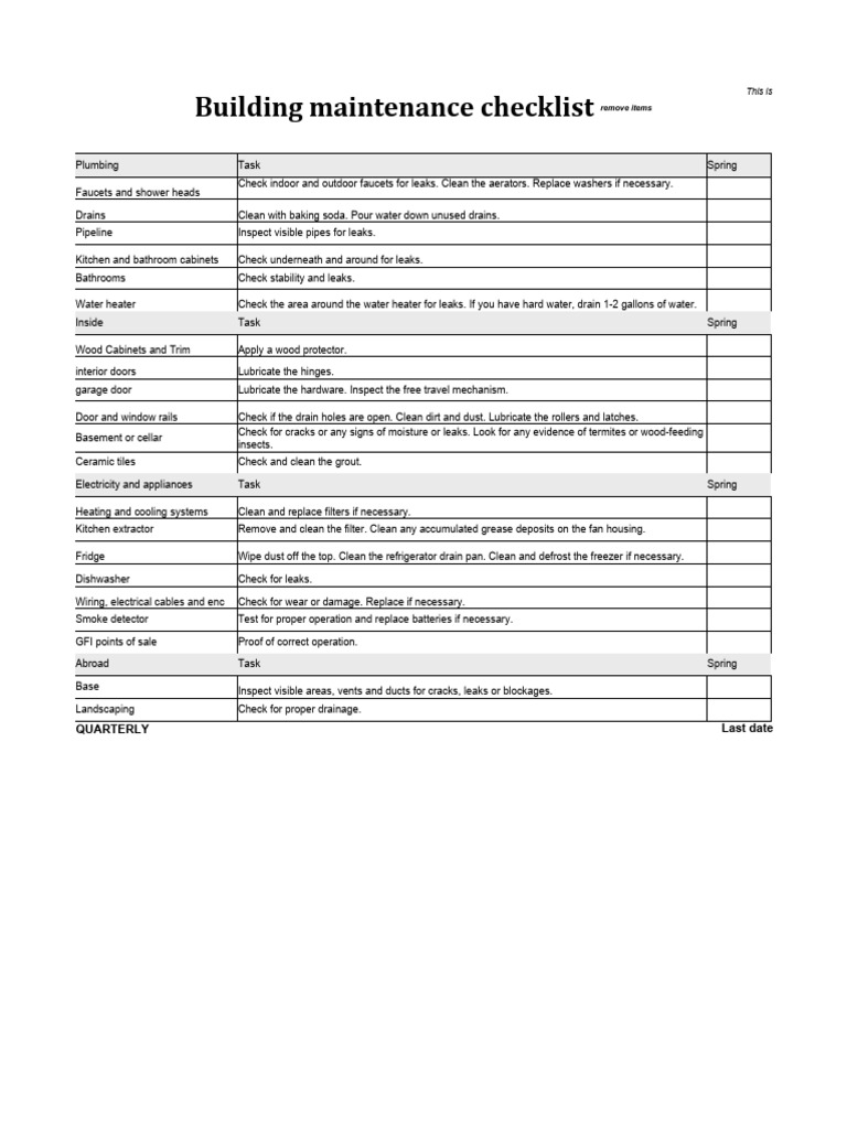 Building Maintenance Checklist | PDF | Tap (Valve) | Chimney