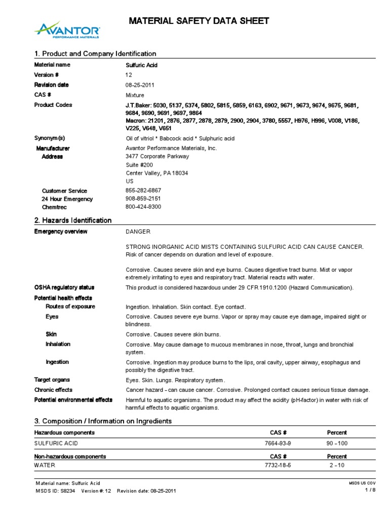MSDS Sulphuric Acid 95-98% | Dangerous Goods | Sulfuric Acid