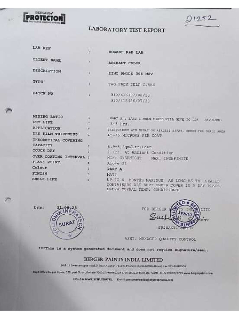 Berger Paint Test Certificate | PDF