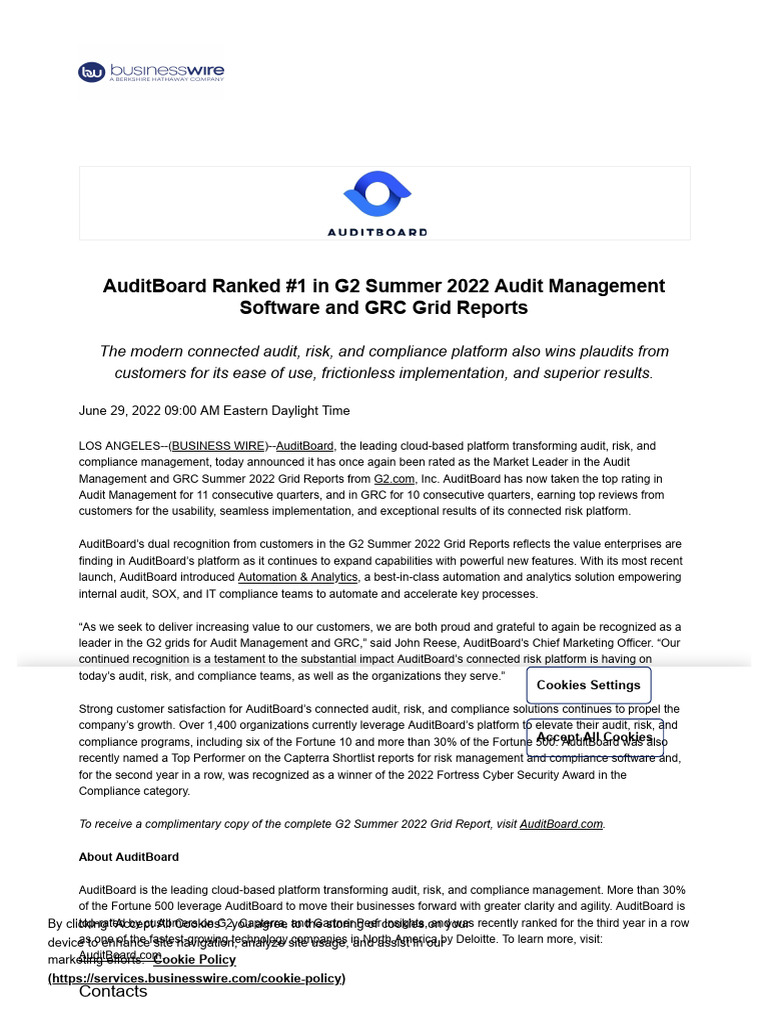 AuditBoard Ranked #1 in G2 Summer 2022 | PDF | Http Cookie | Business