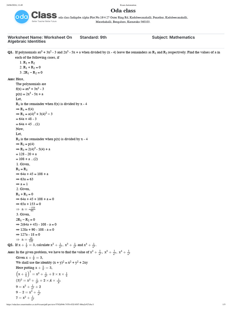 Solution For Worksheet On Algebraic Identities Class 9 | PDF | Mathematical Analysis | Abstract ...