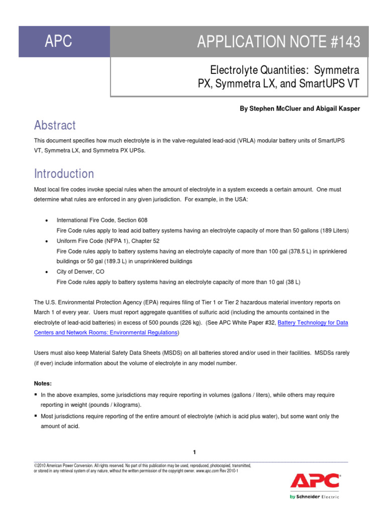 APC Application Note 143 - Electrolyte Quantities Symmetra PX, Symmetra LX, and SmartUPS VT ...