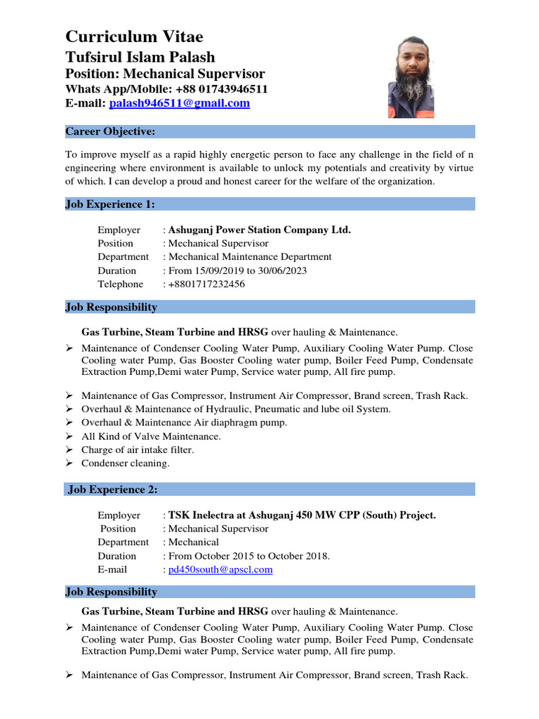 Tufsirul Islam Palash CV | PDF | Pump | Power Station