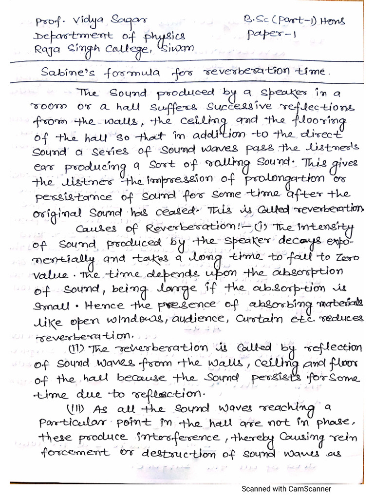 Sabine's Formula For Reverberation Time (B.SC (Part-I) ) | PDF