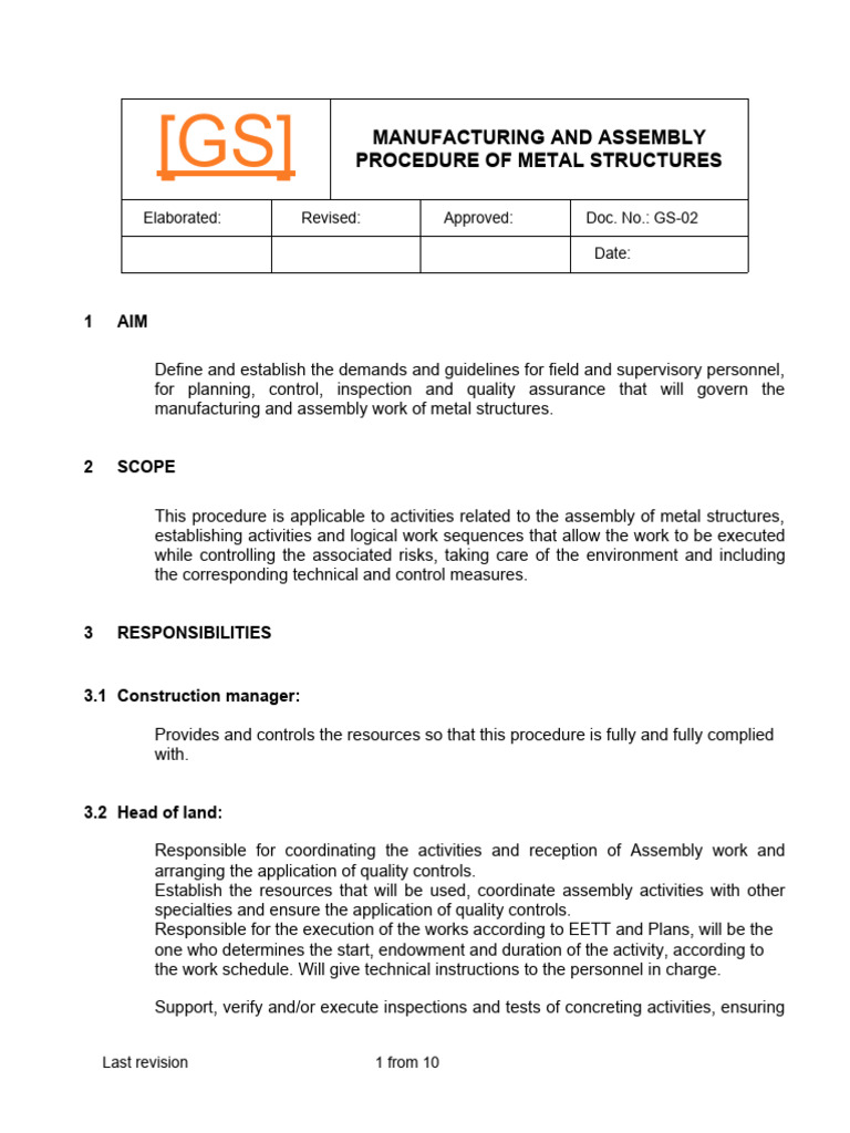 Manufacturing and Assembly Procedure For Metal Structures | PDF ...