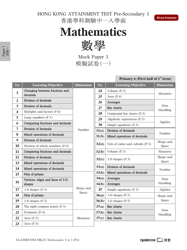 0513 Math P6 Pre-S1 Mock1 | PDF | Volume | Shape
