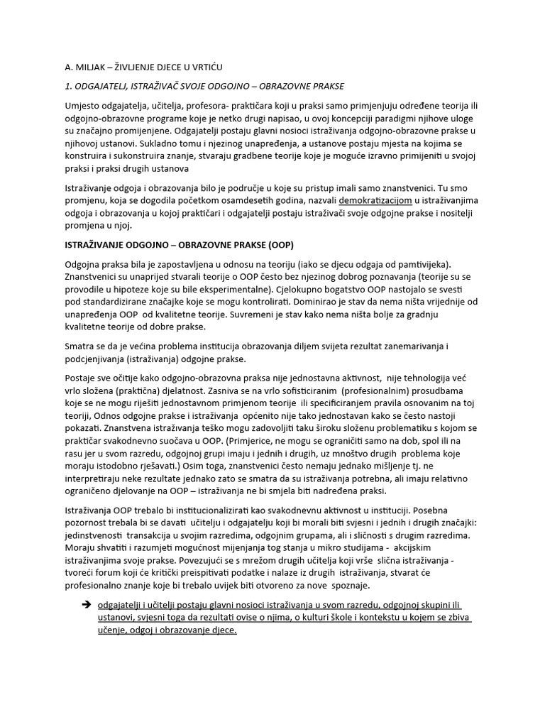 Miljak Življenje Djece U Vrticu Skraceno | PDF