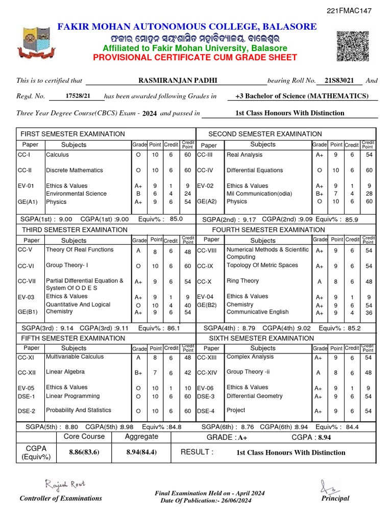 Fakir Mohan Autonomous College, Balasore: Provisional Certificate Cum ...