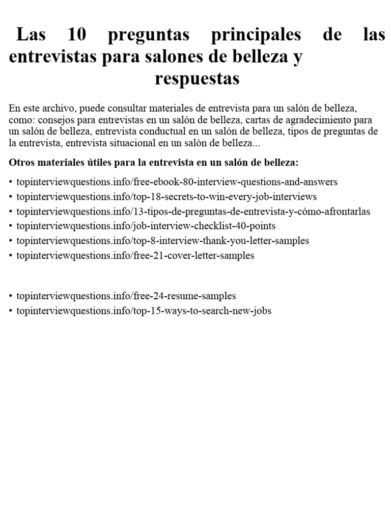 Las 10 Preguntas y Respuestas Principales de Las Entrevistas en Salones de Belleza | PDF ...