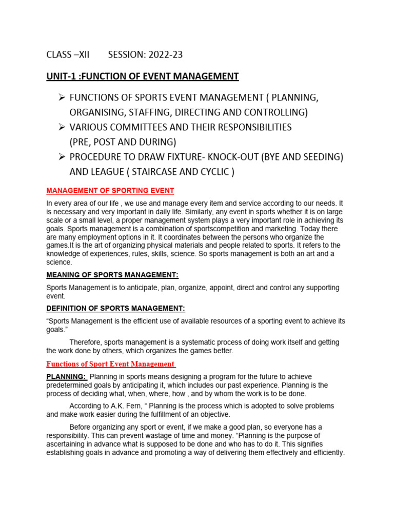 Unit - 1 Class Xii Management of Sporting Events | PDF | Tournament ...
