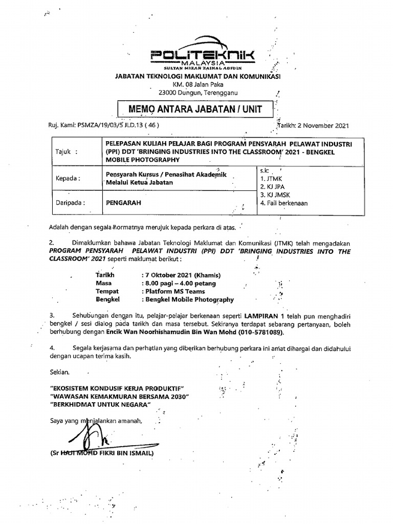 7 Okt - Surat Pelepasan Pelajar PPI Bengkel Mobile Fotografi | PDF