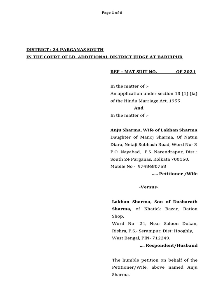 Divorce Petition: Anju vs. Lakhan Sharma | PDF | Marriage | Social Institutions