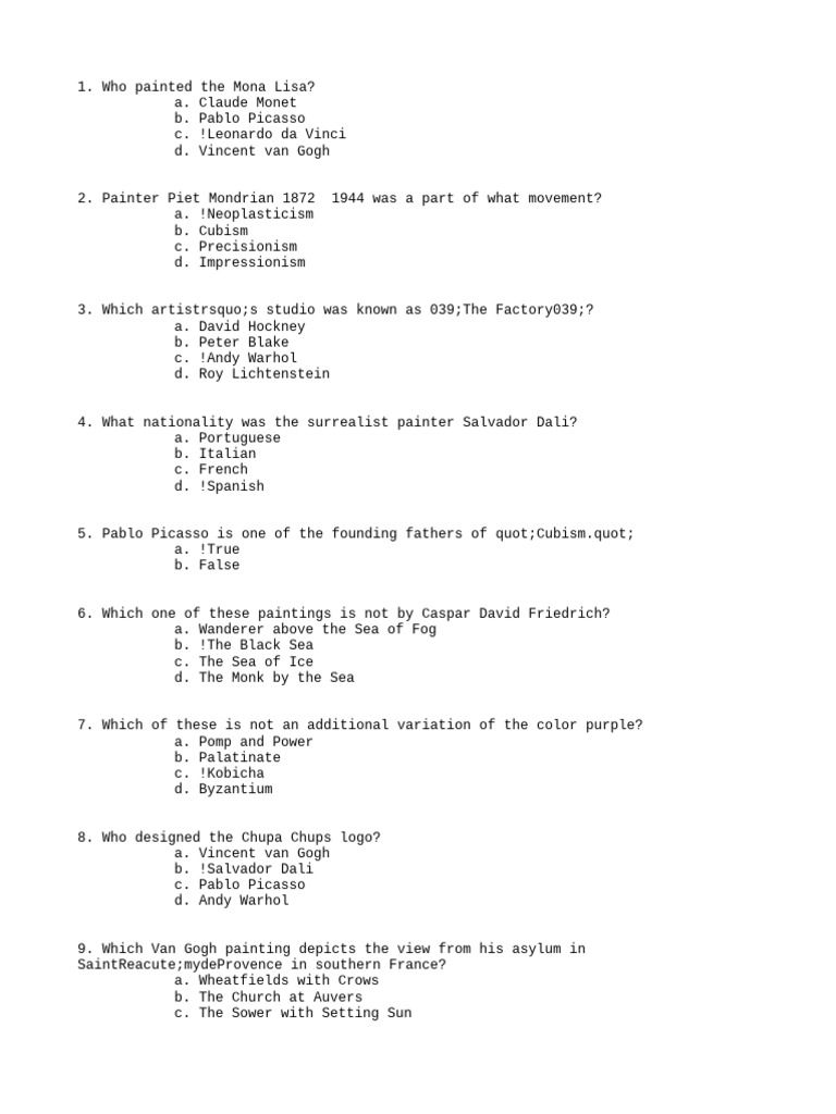 Art and Sports Quiz Questions | PDF | Paintings | Vincent Van Gogh
