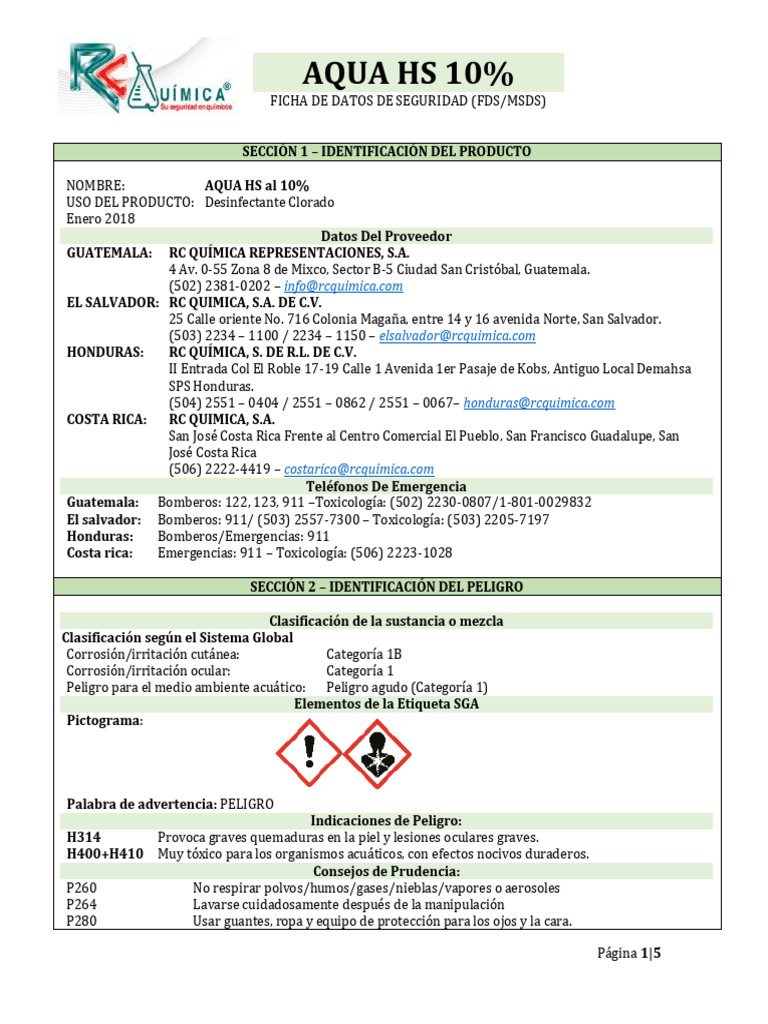 Ficha de Seguridad AQUA HS 10% | PDF | Agua | Quemar