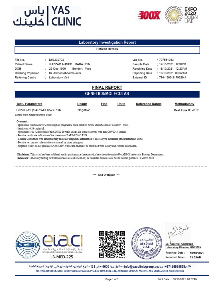 COVID-19 PCR Test Report for Patient | PDF | Reverse Transcription ...