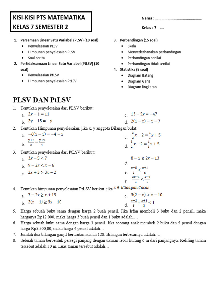 Kisi-Kisi PTS Matematika Kelas 7 | PDF