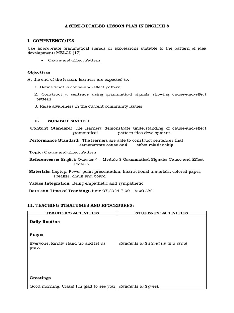 A Semi Detailed Lesson Plan For Final Demo Jerla | PDF | Lesson Plan | Causality