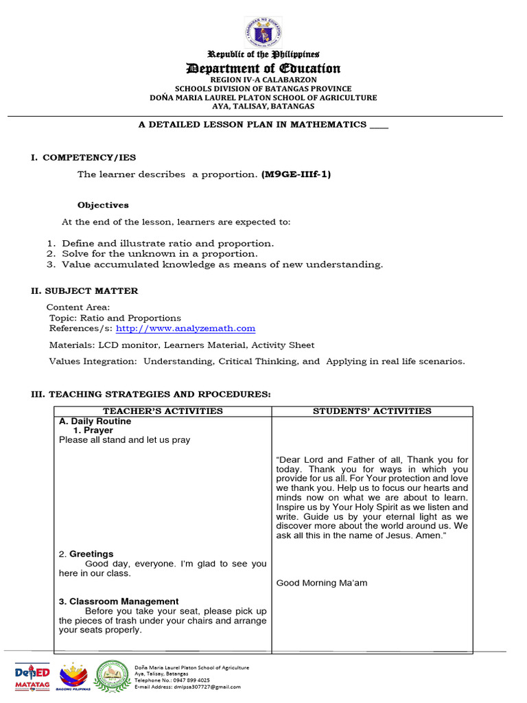 Detailed Lesson Plan Ratio and Proportion | PDF | Ratio | Lesson Plan