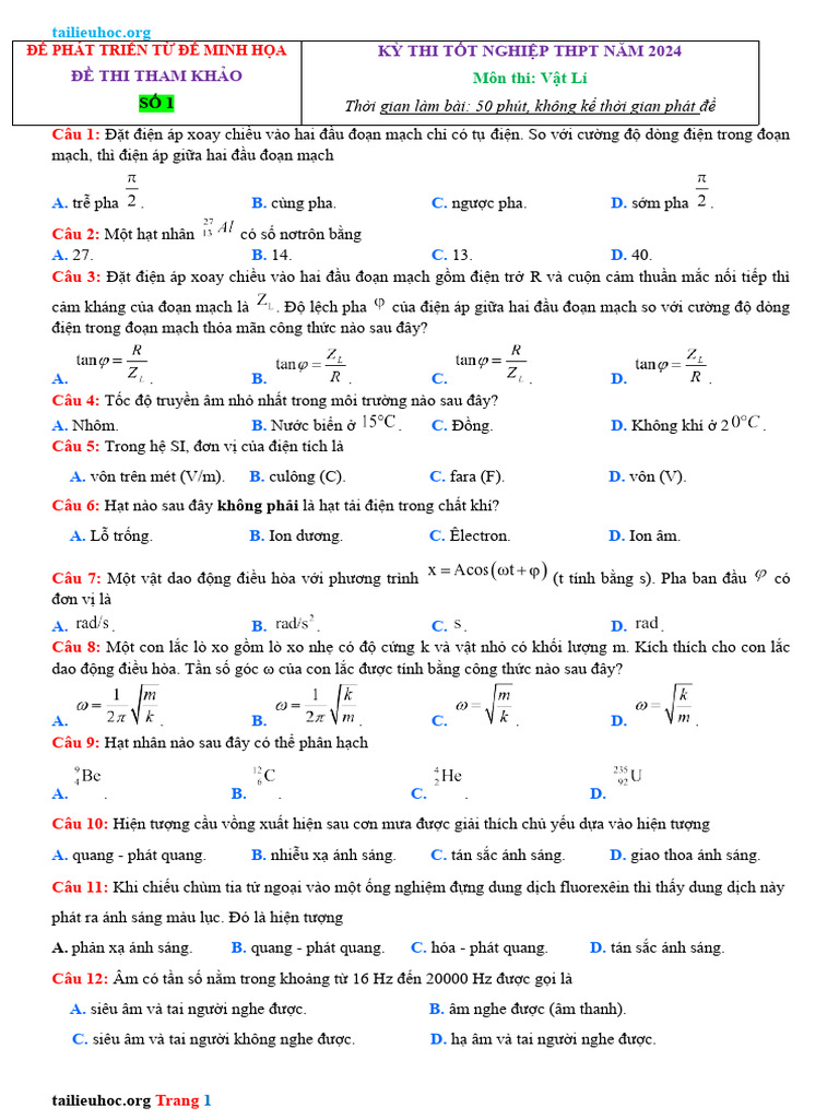 5 de Thi Thu TN THPT 2024 Vat Li Phat Trien Tu de Minh Hoa de 1 | PDF