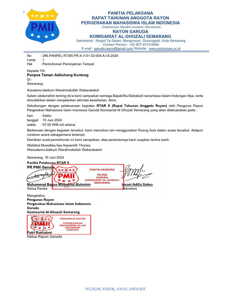 Permohonan Tempat RTAR X PMII Garuda | PDF
