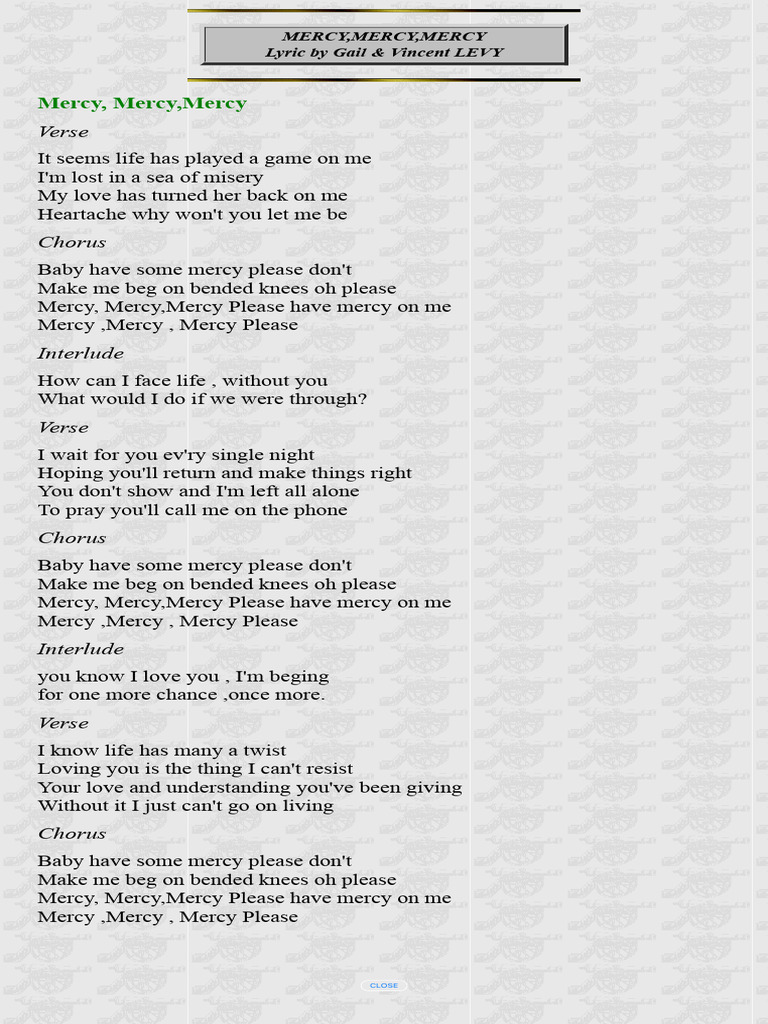 Mercy Song Lyrics by Gail & Vincent Levy | PDF