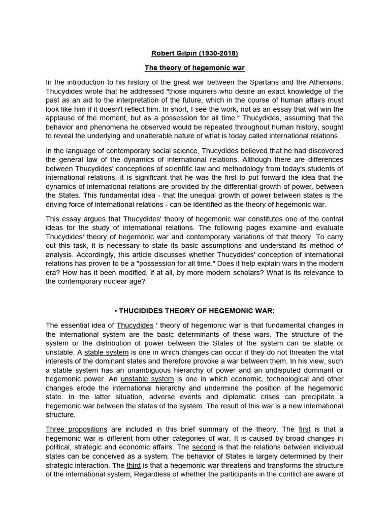 Gilpin - The Theory of Hegemonic War (Translated) | Download Free PDF ...