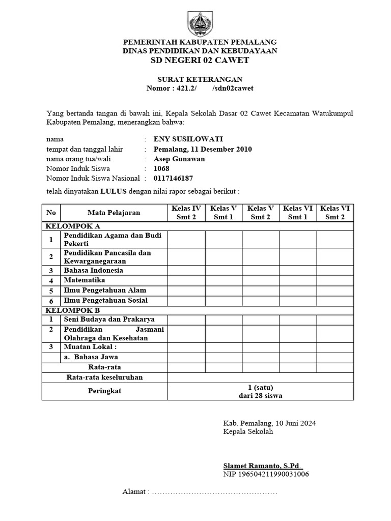 Contoh Surat Keterangan Peringkat 2024 | PDF