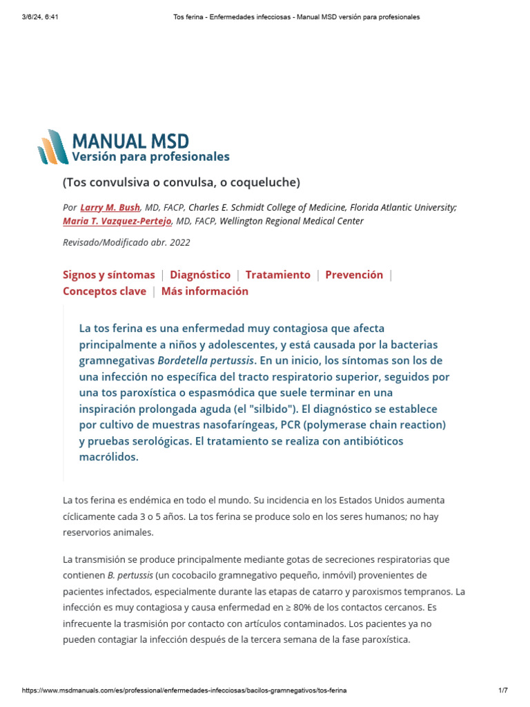 Tos Ferina - Enfermedades Infecciosas - Manual MSD Versión para Profesionales | PDF | Causas de ...